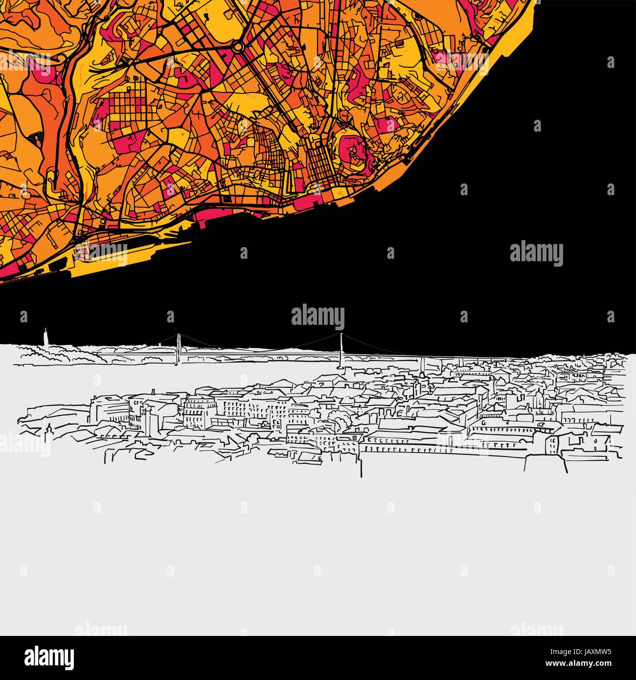 Lisbon, Portugal, Skyline Map, Modern Colourful Art Print with Historic ...