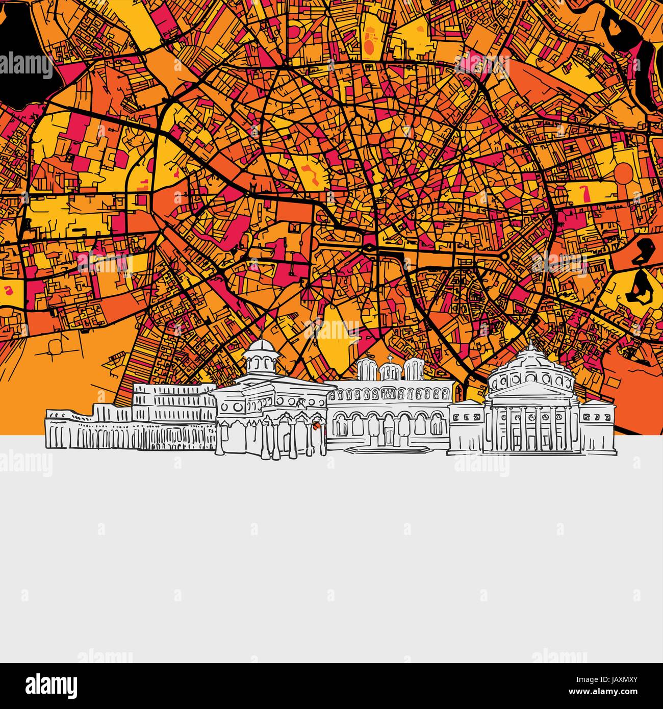 Bucharest, Romania, Skyline Map, Modern Colourful Art Print with ...