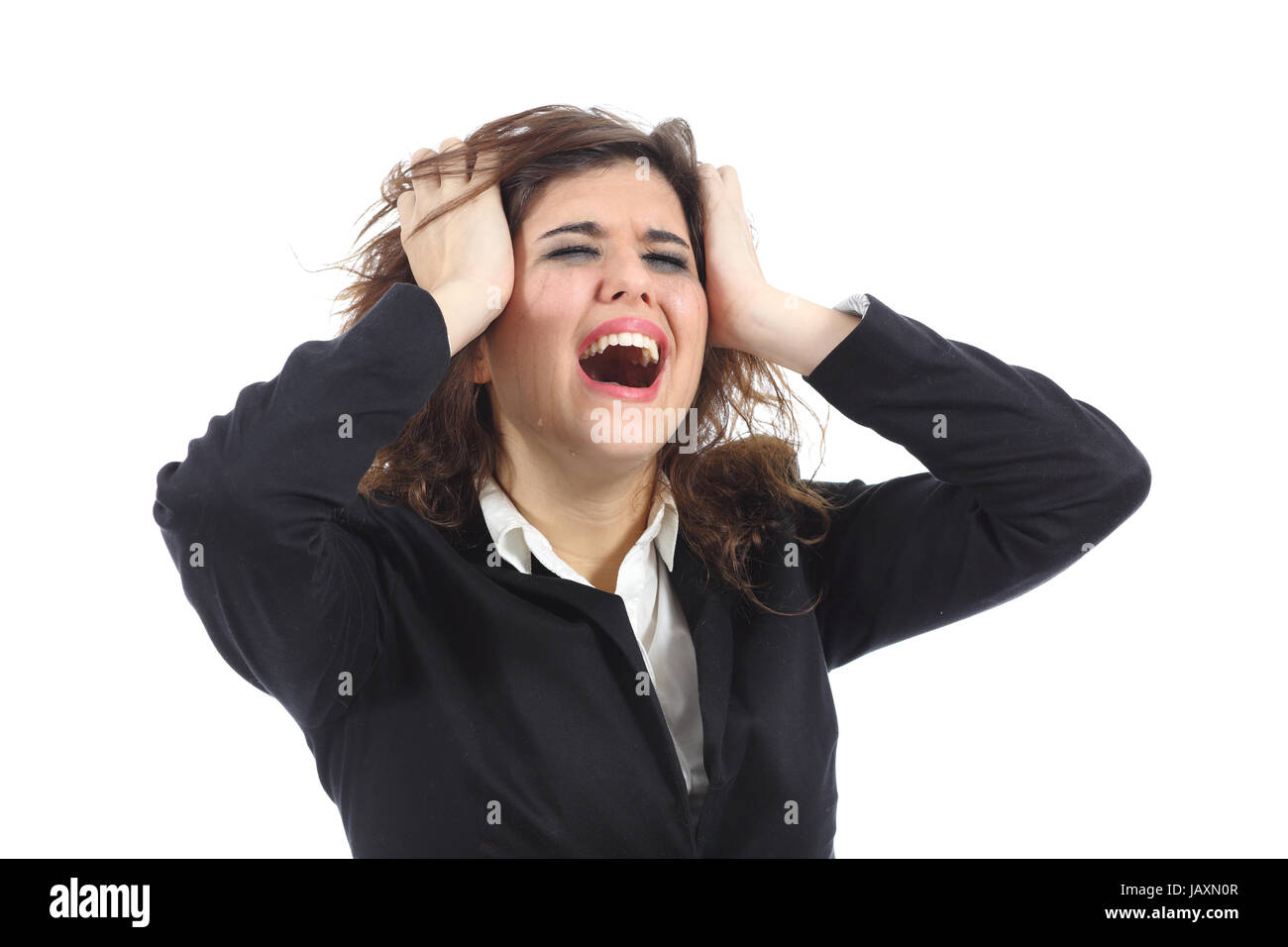 Bankrupt businesswoman crying desolated isolated on a white background ...