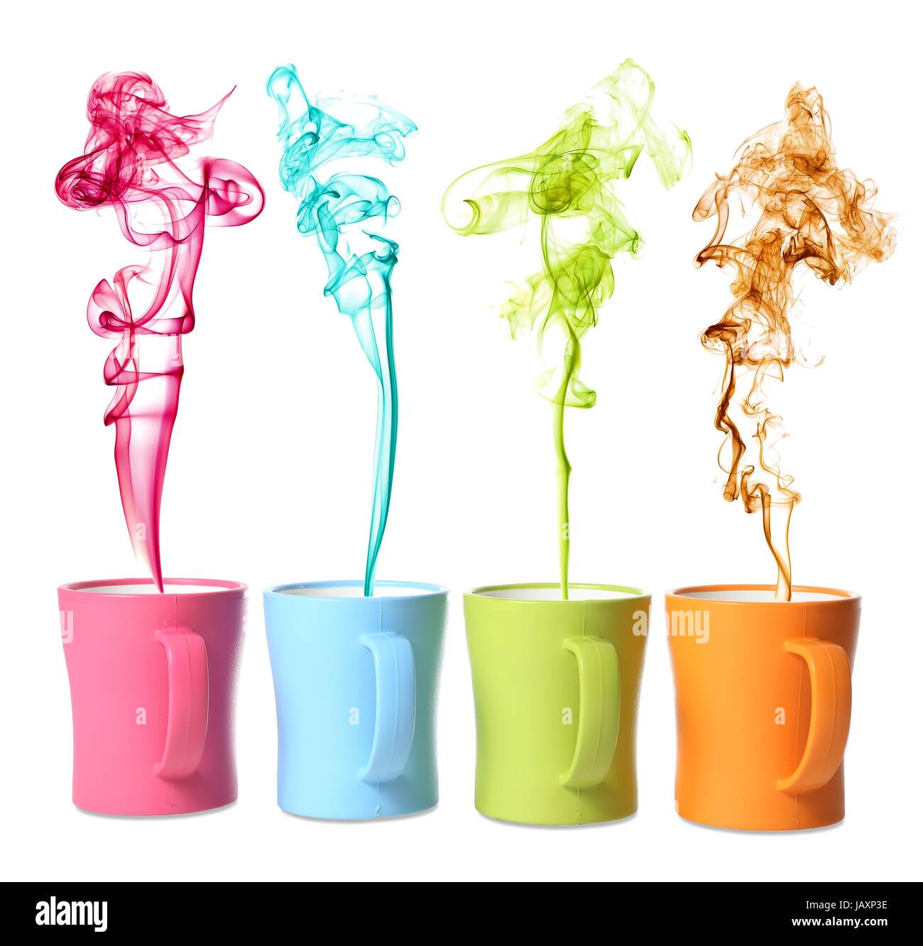 Coffee or beverage cups of different colors with matching color steam ...