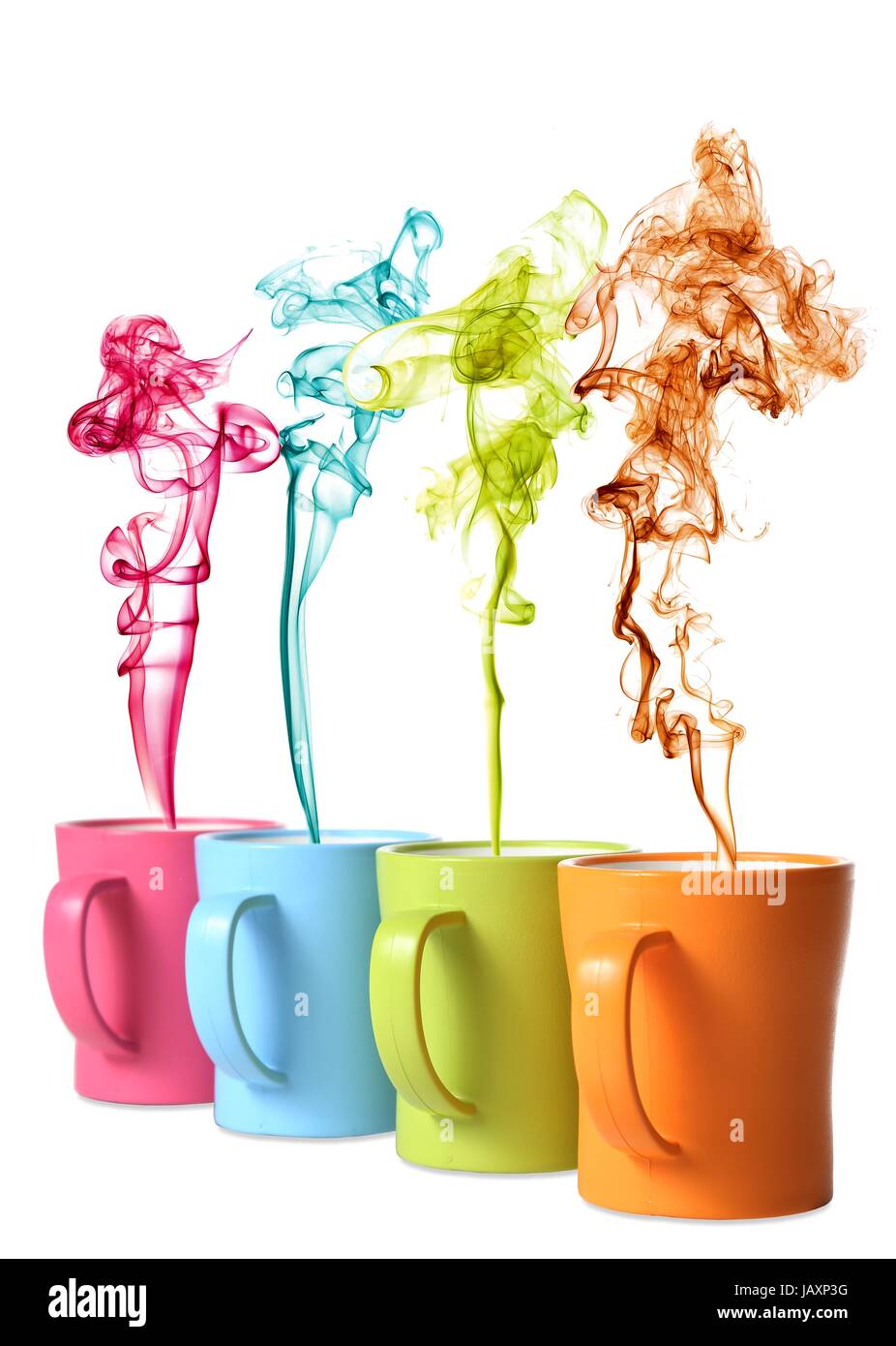 Coffee or beverage cups of different colors with matching color steam ...