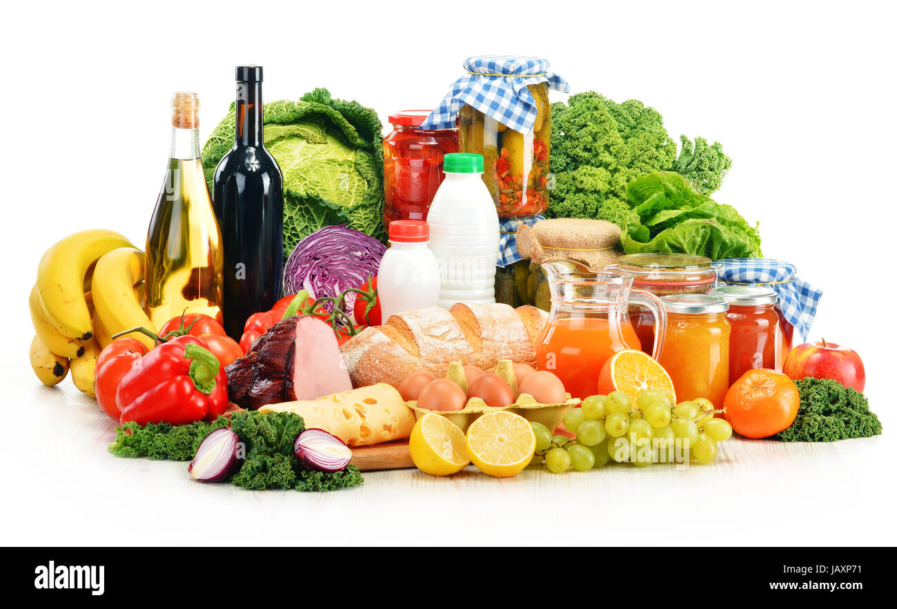 Composition with variety of grocery products isolated on white Stock ...