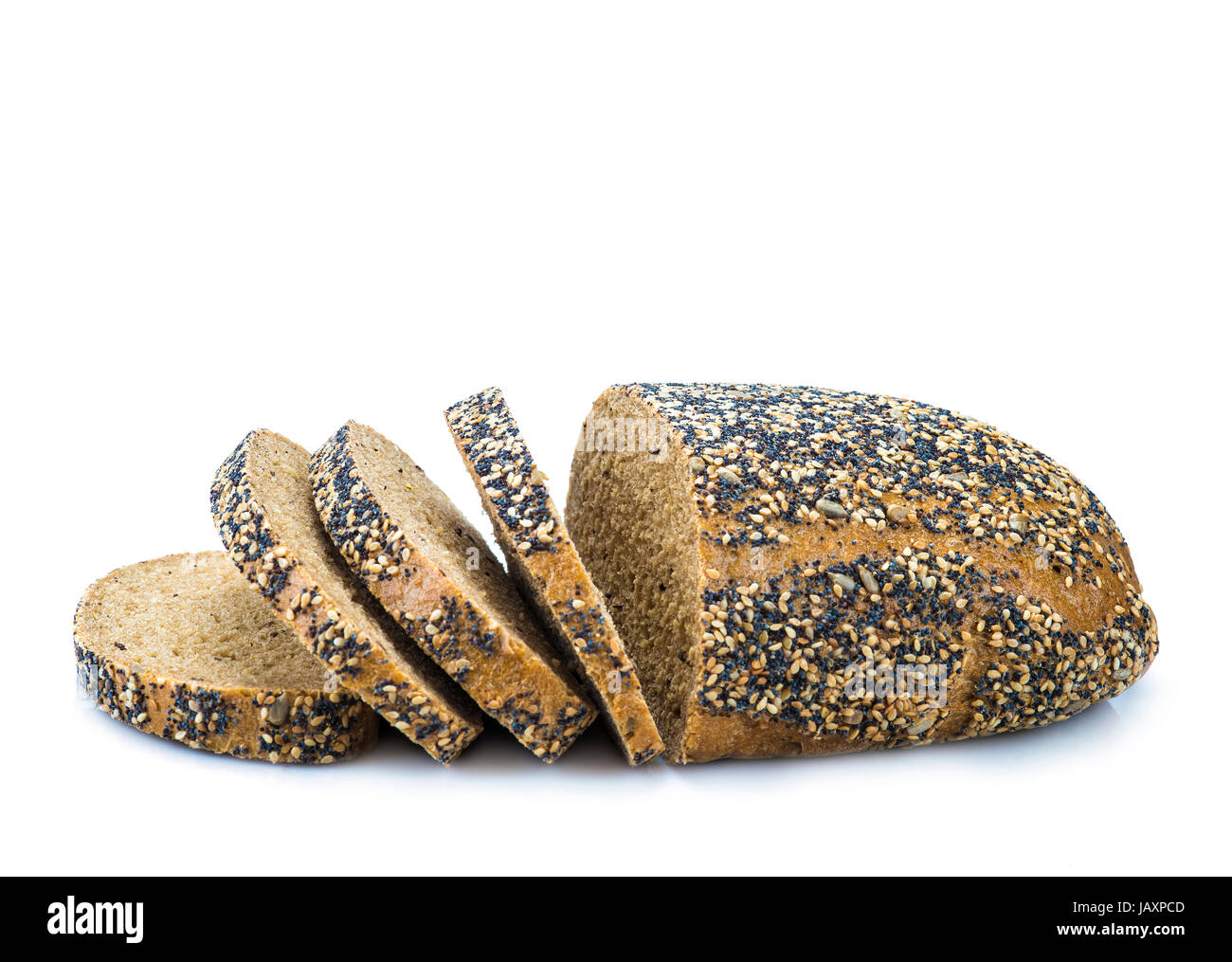 A multigrain black bread sliced and isolated on a white background ...