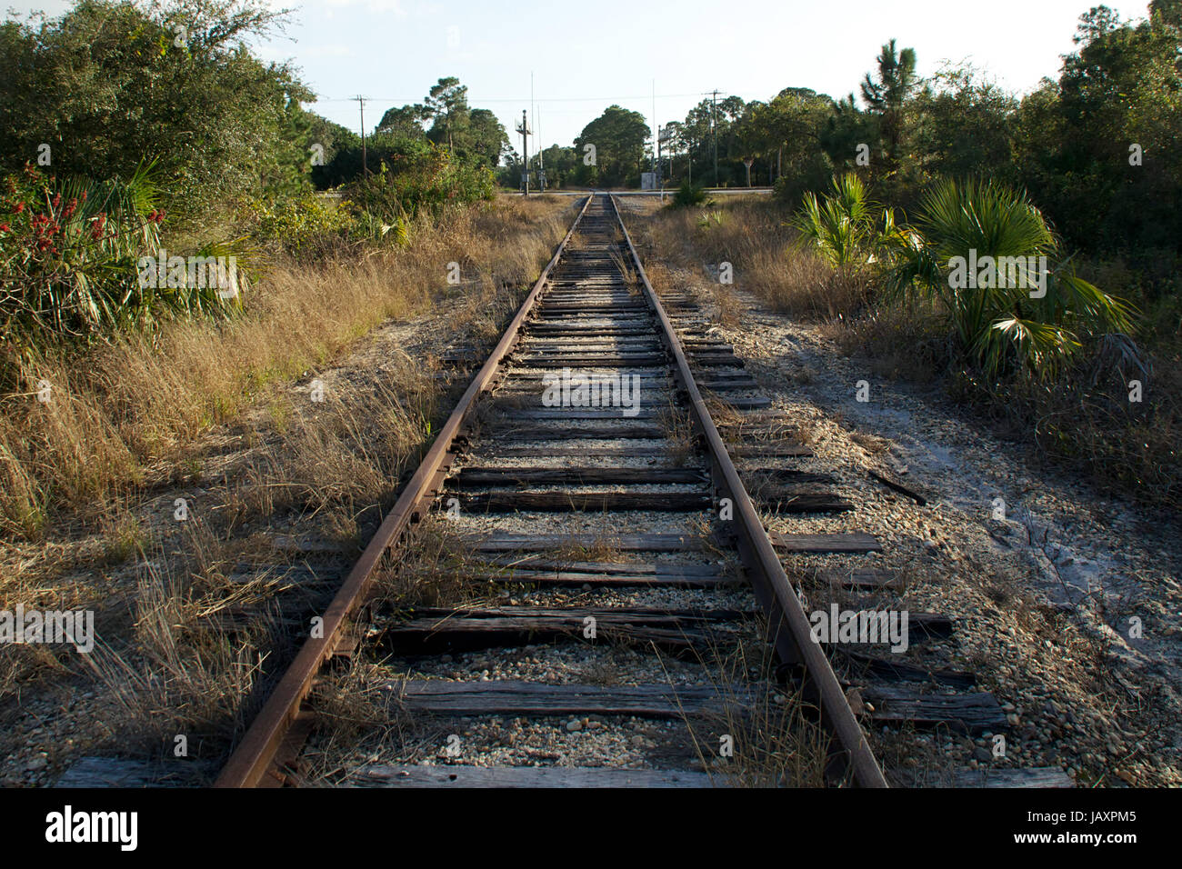 Looking down an old set of railroad tracks as the converge in the ...