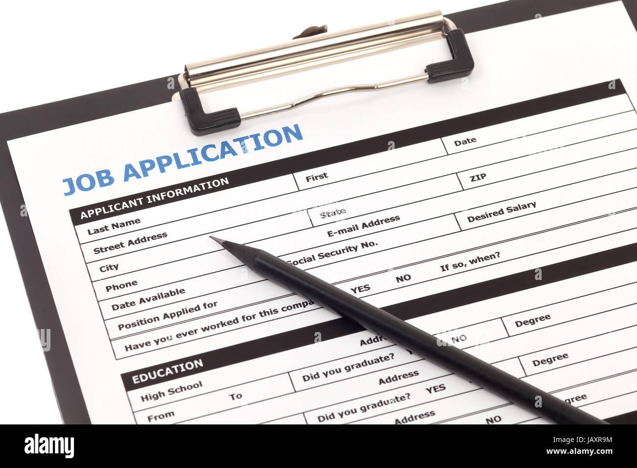 Job application form with pencil isolated on white background Stock ...