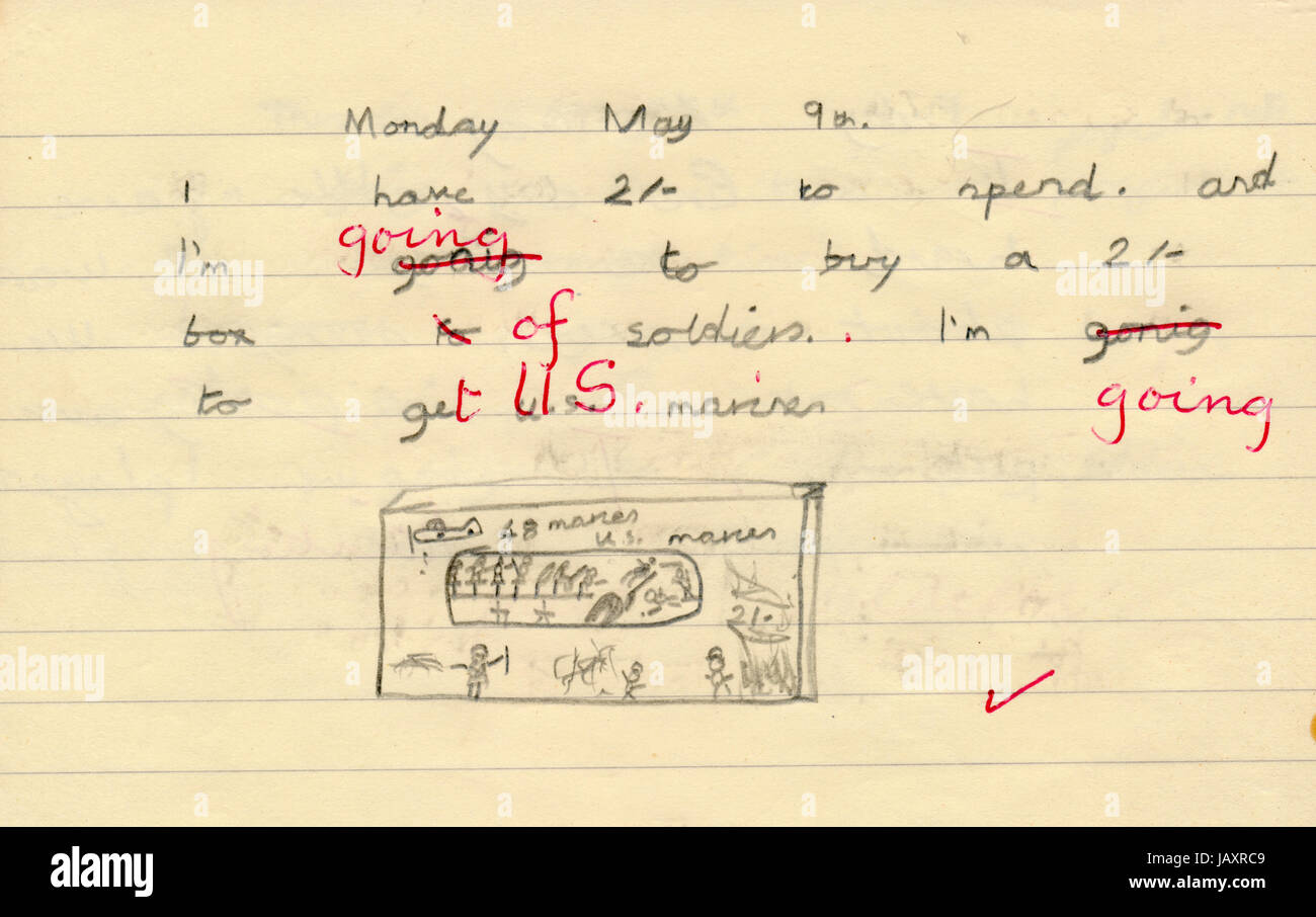 England. Child's school book page from 1967. Writing about buying ...