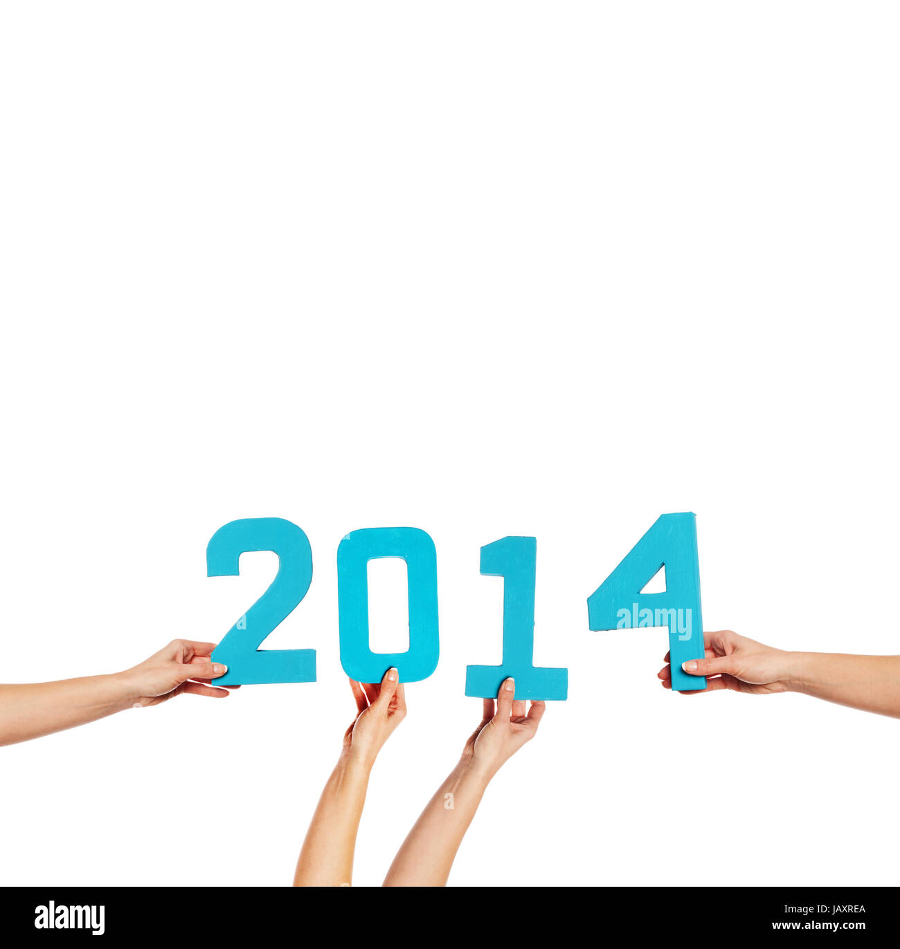 2014 New Year celebration with female hands holding turquoise numbers ...
