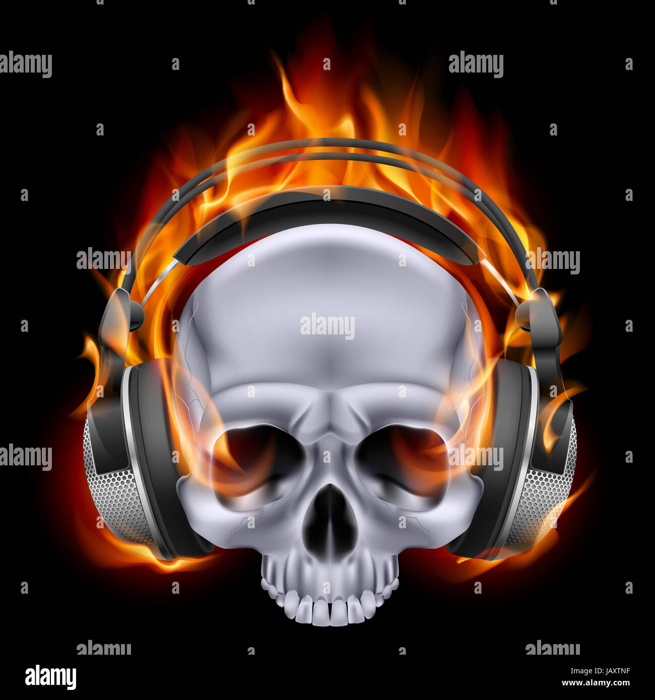 Flaming metal skull in headphones on black background Stock Photo - Alamy