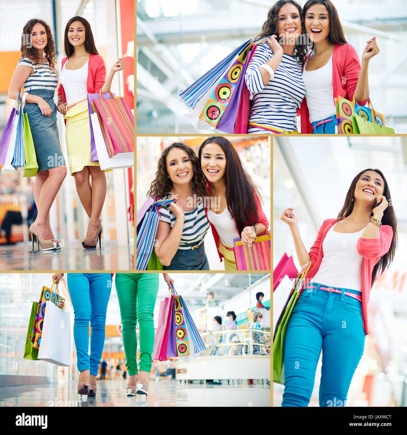 Collage of pretty girls with paperbags shopping in trade center Stock ...