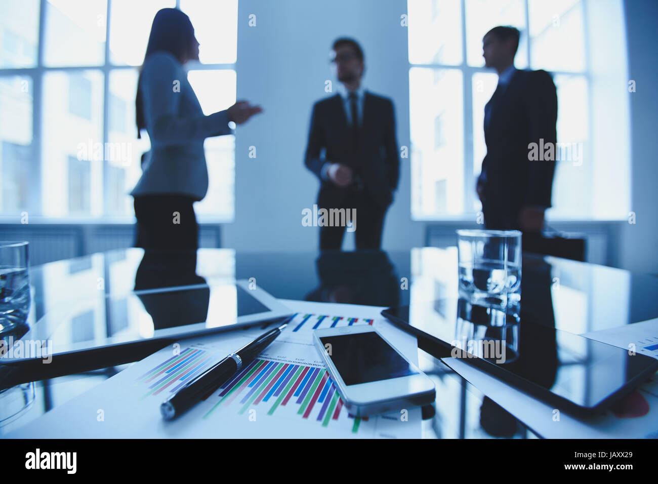 Close-up of business objects at workplace on background of office ...