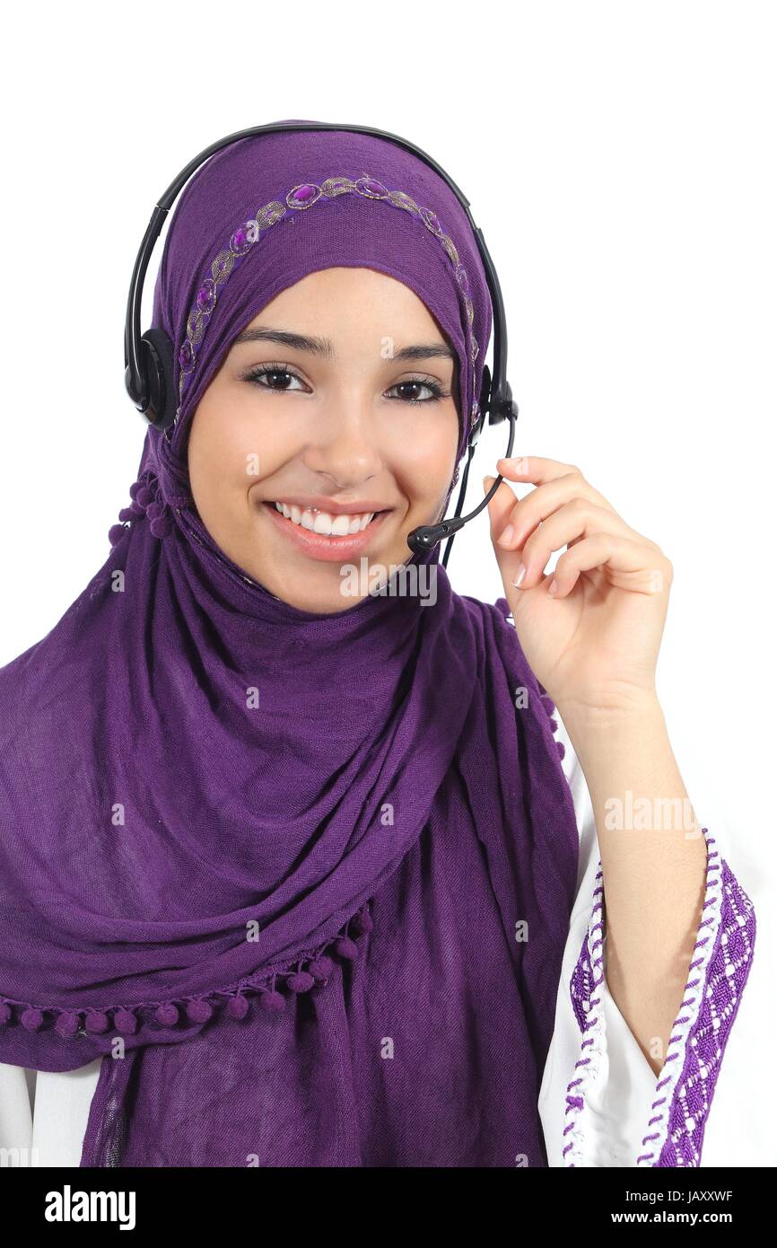 Arab woman working as a telephone operator isolated on a white ...