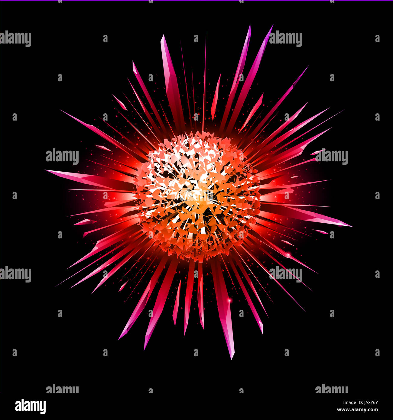 Explosion of red star with its fragments flying apart. Illustration on ...