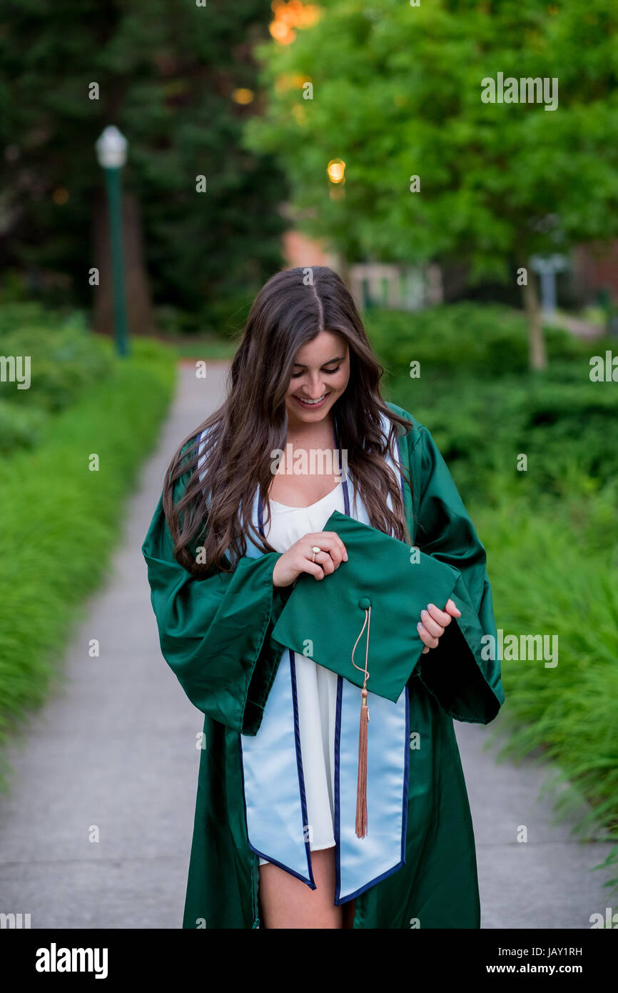 College student with her hat on campus at a university in Oregon Stock ...