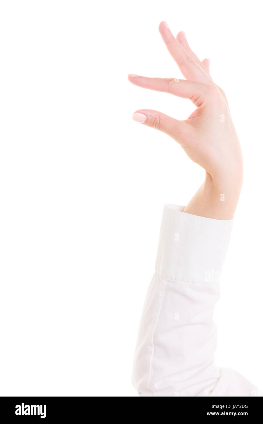 Female hand measuring finger gesture sign isolated on white background ...