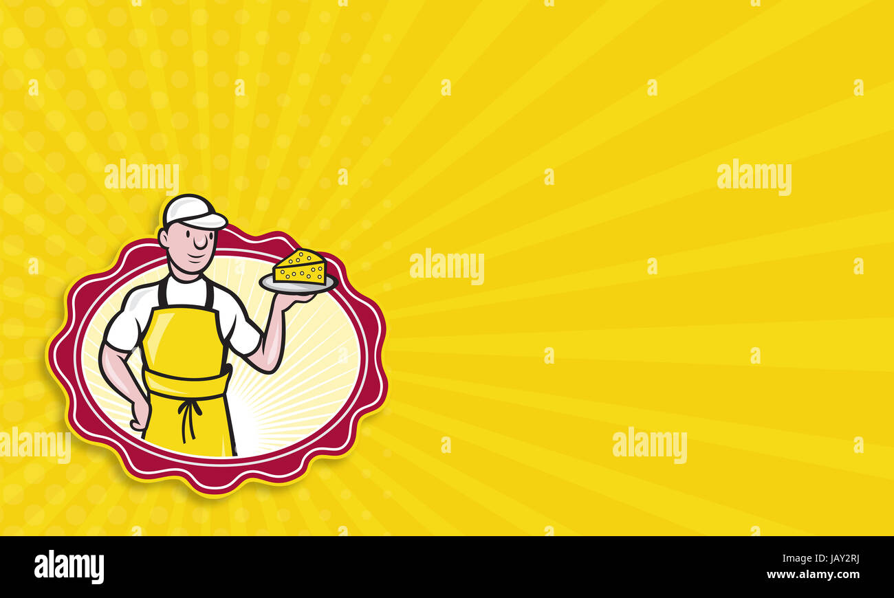 Business card template showing illustration of a cheesemaker standing ...