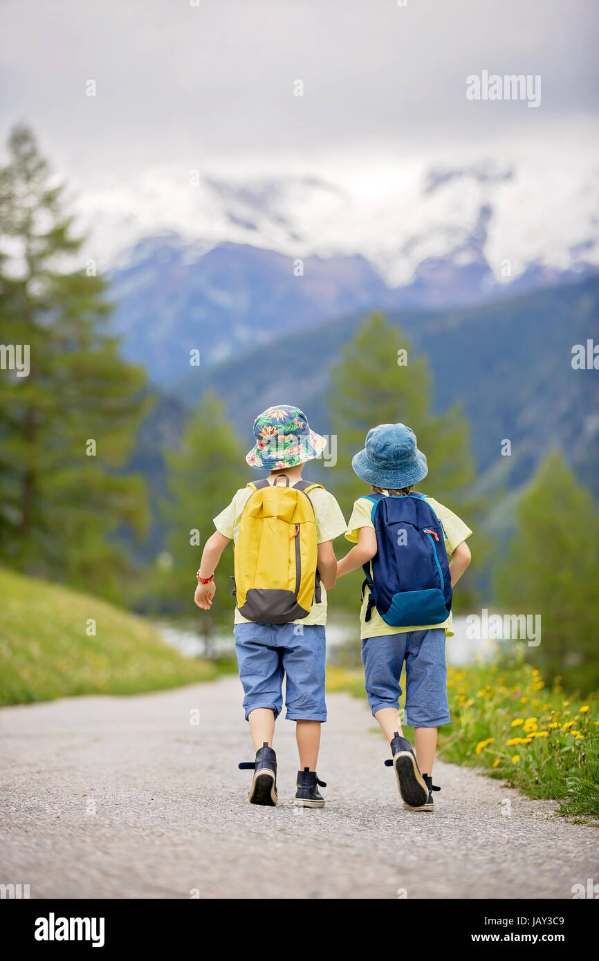 Two children, boy brothers, walking on a little path in Swiss Alps ...