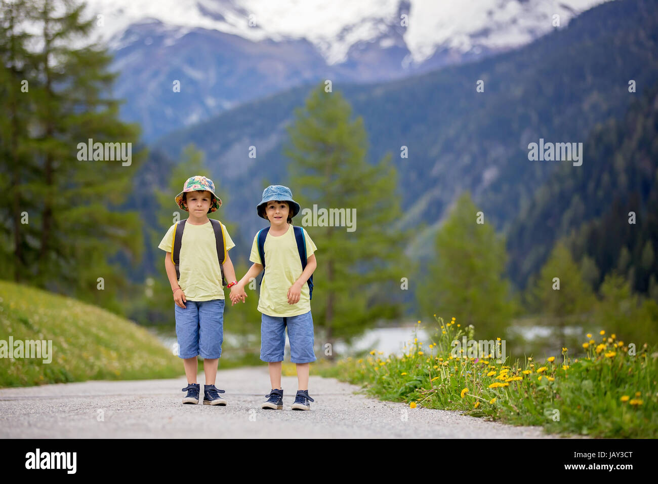 Two children, boy brothers, walking on a little path in Swiss Alps ...