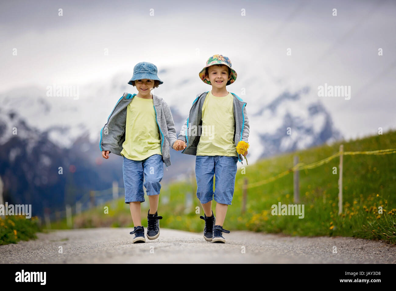 Two children, boy brothers, walking on a little path in Swiss Apls ...
