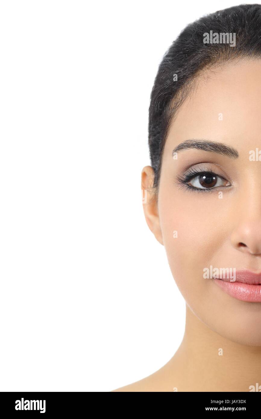 Facial half front portrait of a woman smooth face isolated on a white ...