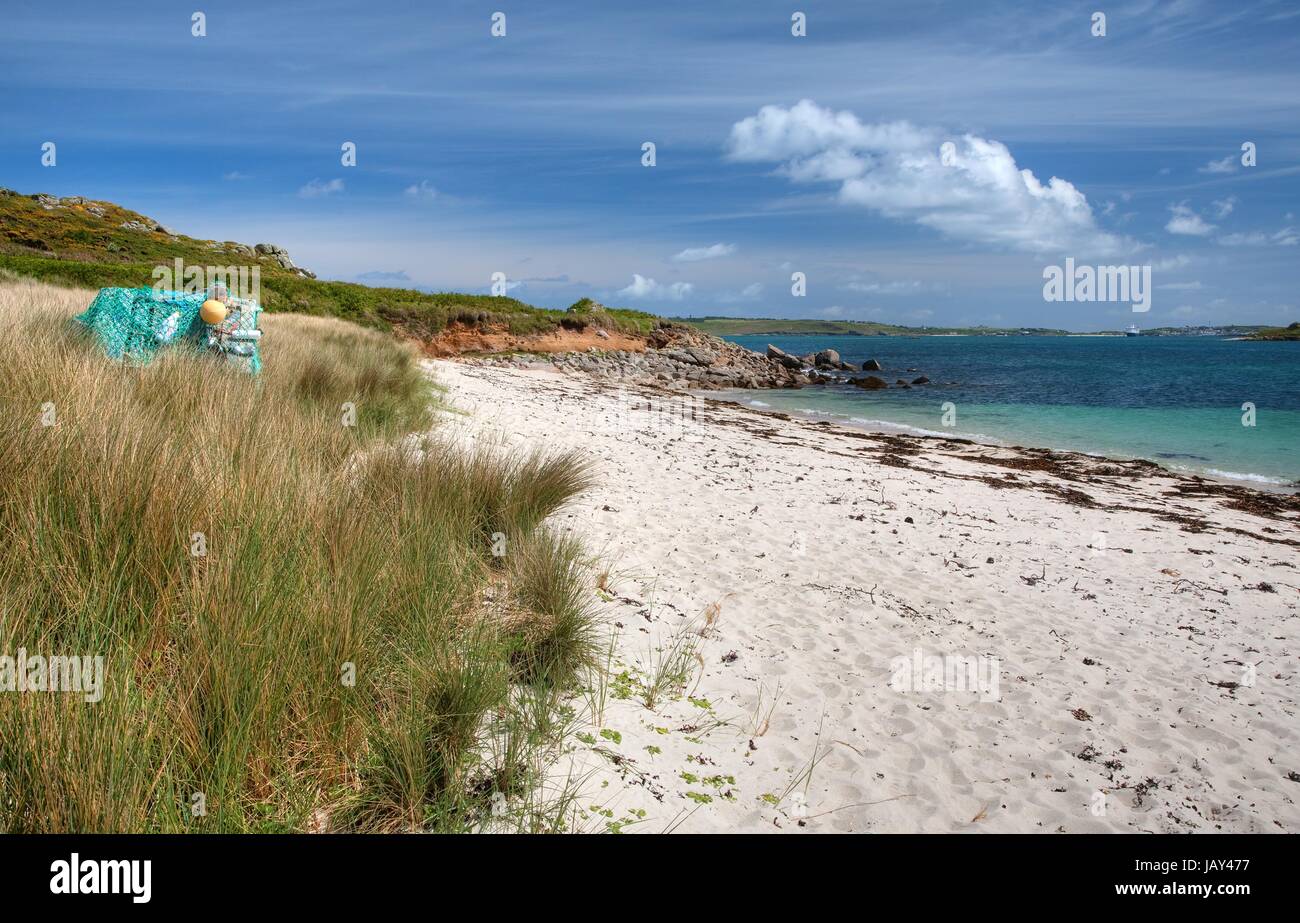 The white sandy beach at Rushy Bay, Bryher, Isles of Scilly, Cornwall ...