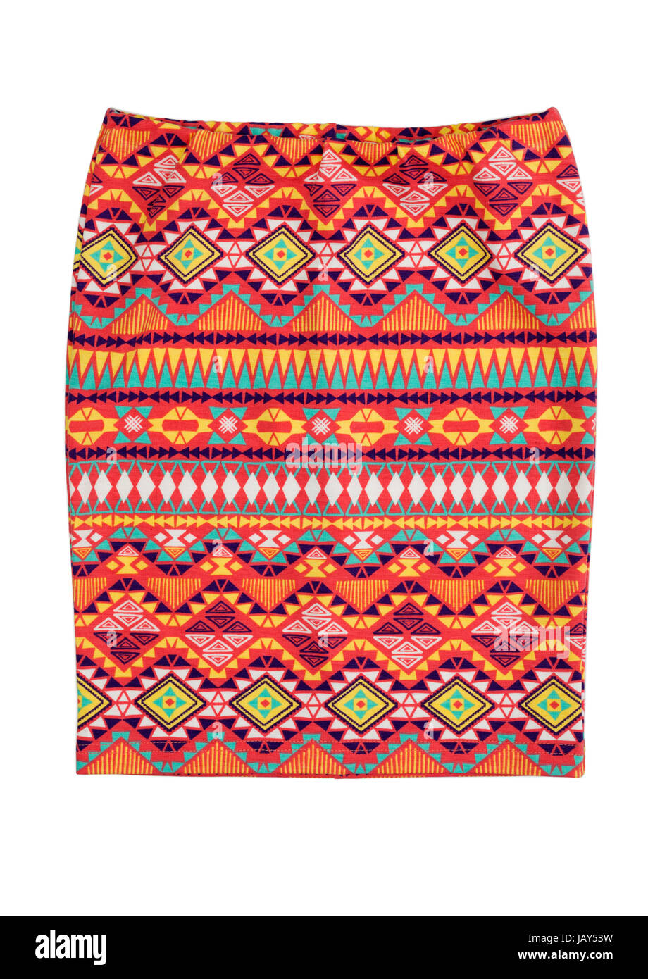 Fashionable skirt with colored geometric pattern on a white background ...