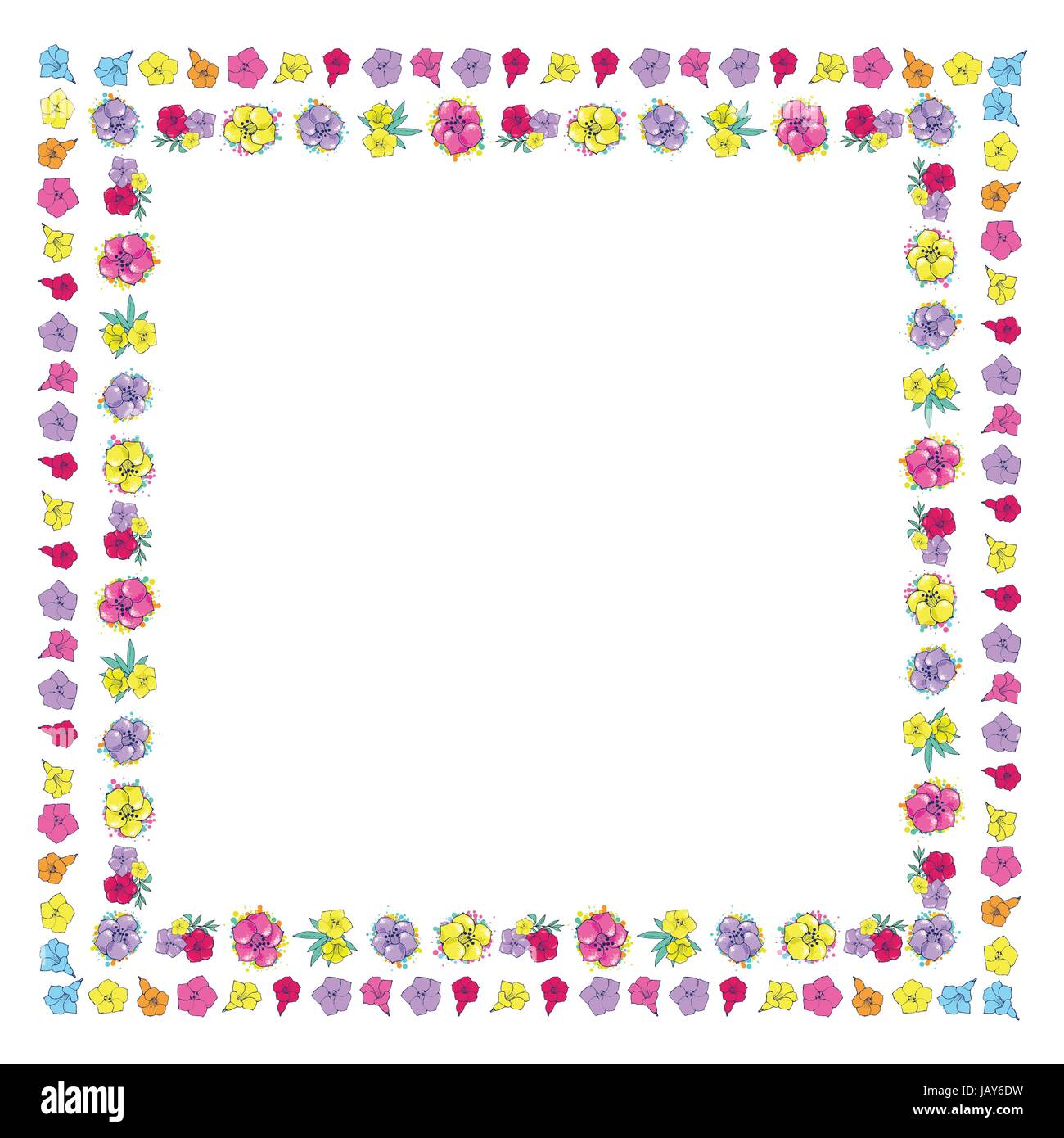 Floral frame with colorful exotic flowers. Nature square hand drawn ...