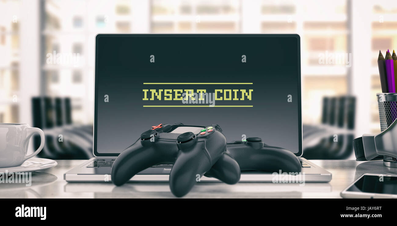 Video games controller on an office desk. 3d illustration Stock Photo ...