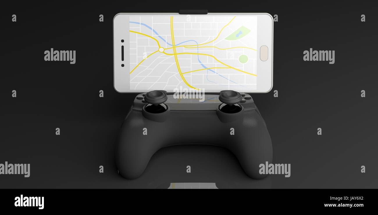Drone remote controller. Map on a smartphone and a console controller ...