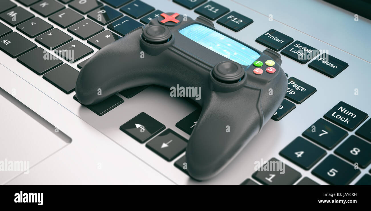 Video games console controller on a computer keyboard. 3d illustration ...