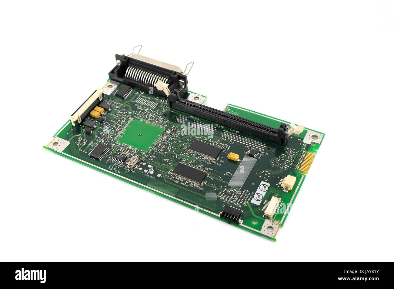 Old electronics circuit board for printer over white Stock Photo - Alamy