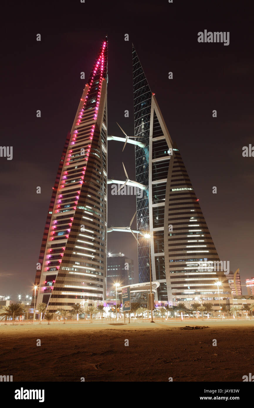 Bahrain World Trade Center Skyscraper at night. Manama, Middle East ...