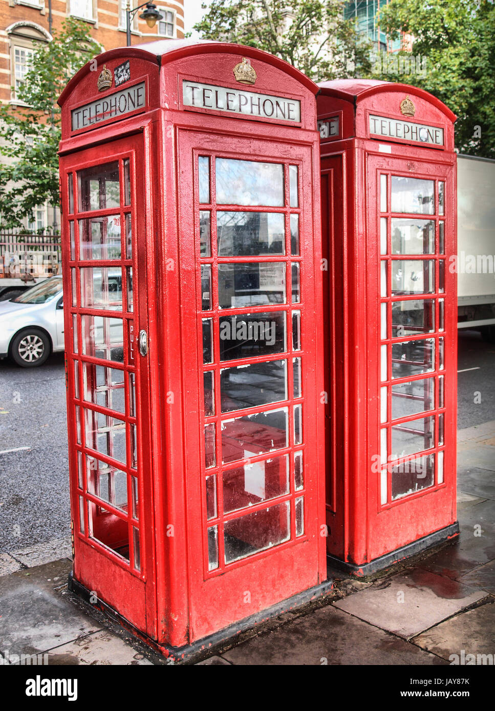 Traditional red telephone box in London UK - HDR High Dynamic Range Stock Photo - Alamy