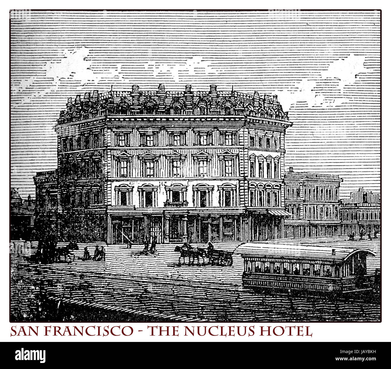 California, San Francisco the Nucleus Hotel, engraving from year 1873 ...