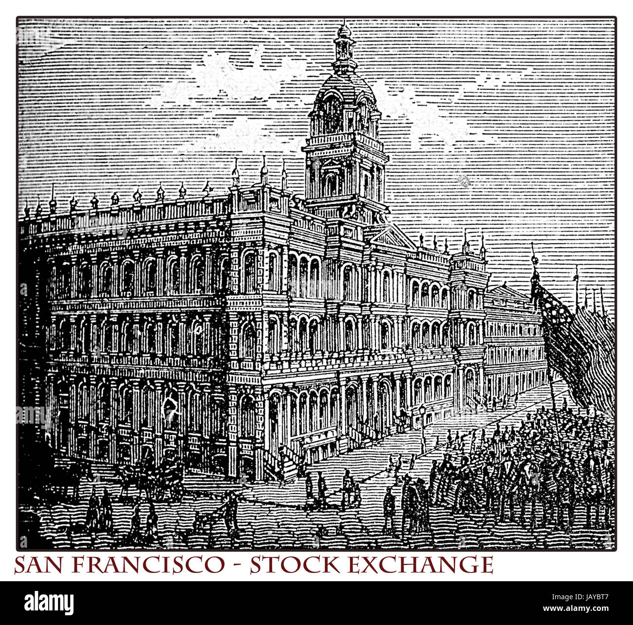 California, San Francisco Stock Exchange building, engraving from year ...
