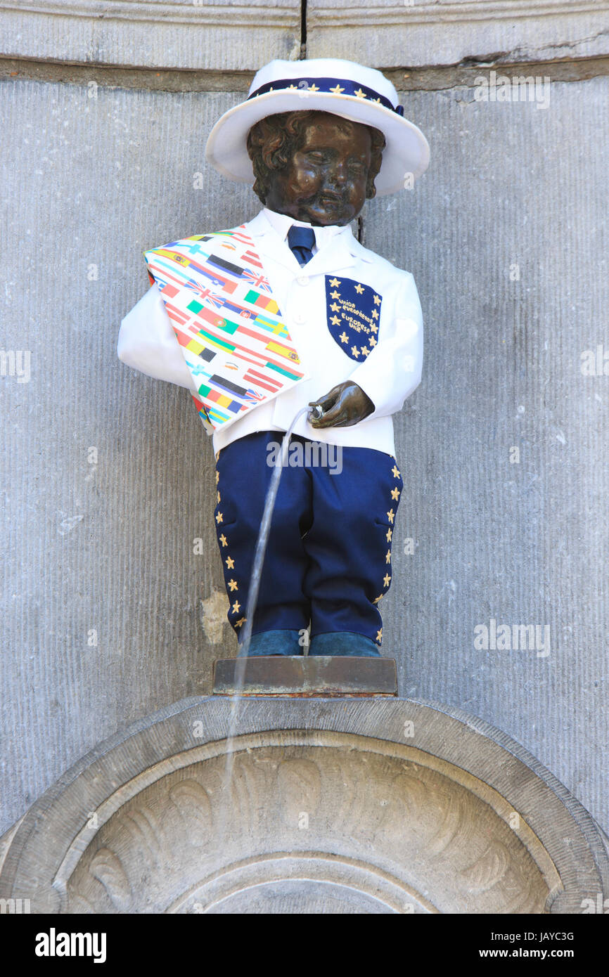 Statue of Manneken Pis in the national colors of Europe in Brussels ...