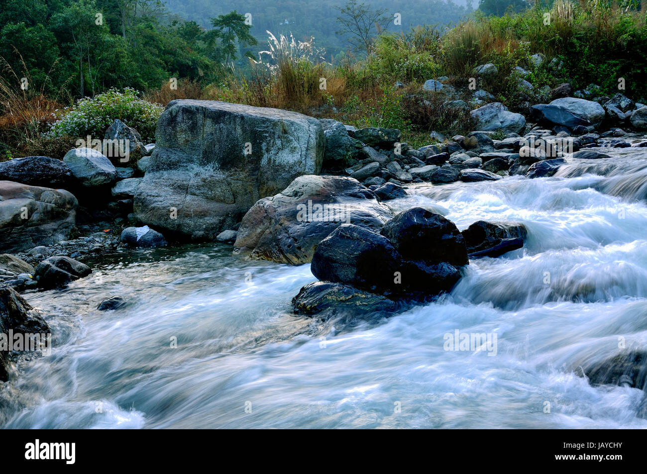Reshi River water flowing on rocks at dawn, Sikkim, India Stock Photo ...
