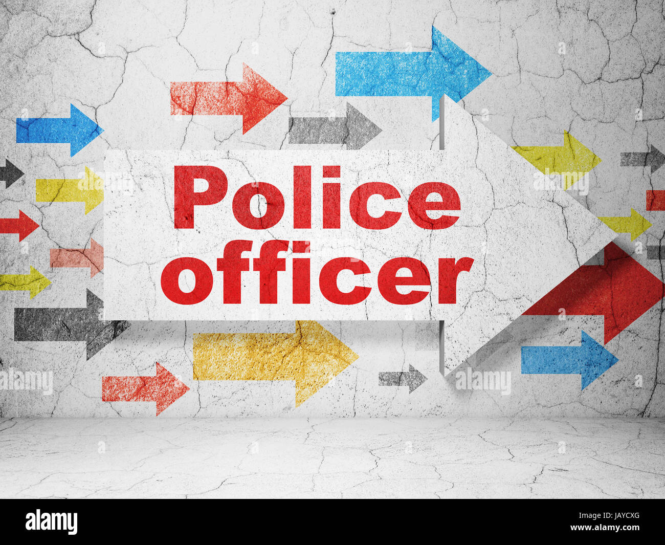 Law concept: arrow with Police Officer on grunge textured concrete wall ...