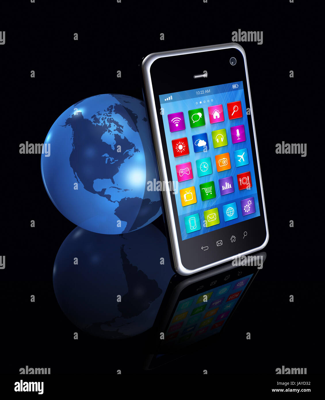 3D Smartphone with apps icons And World Globe isolated on black Stock ...