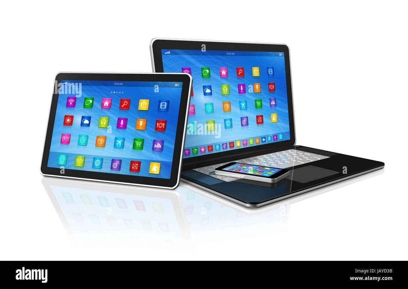 3D Smartphone, Digital Tablet Computer and Laptop isolated on white ...