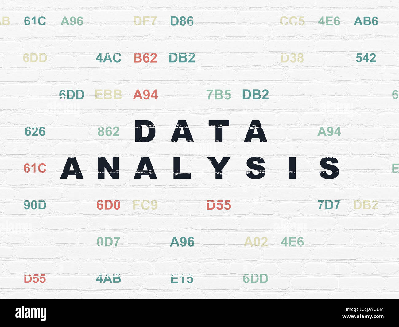 Data concept: Painted black text Data Analysis on White Brick wall background with Hexadecimal ...