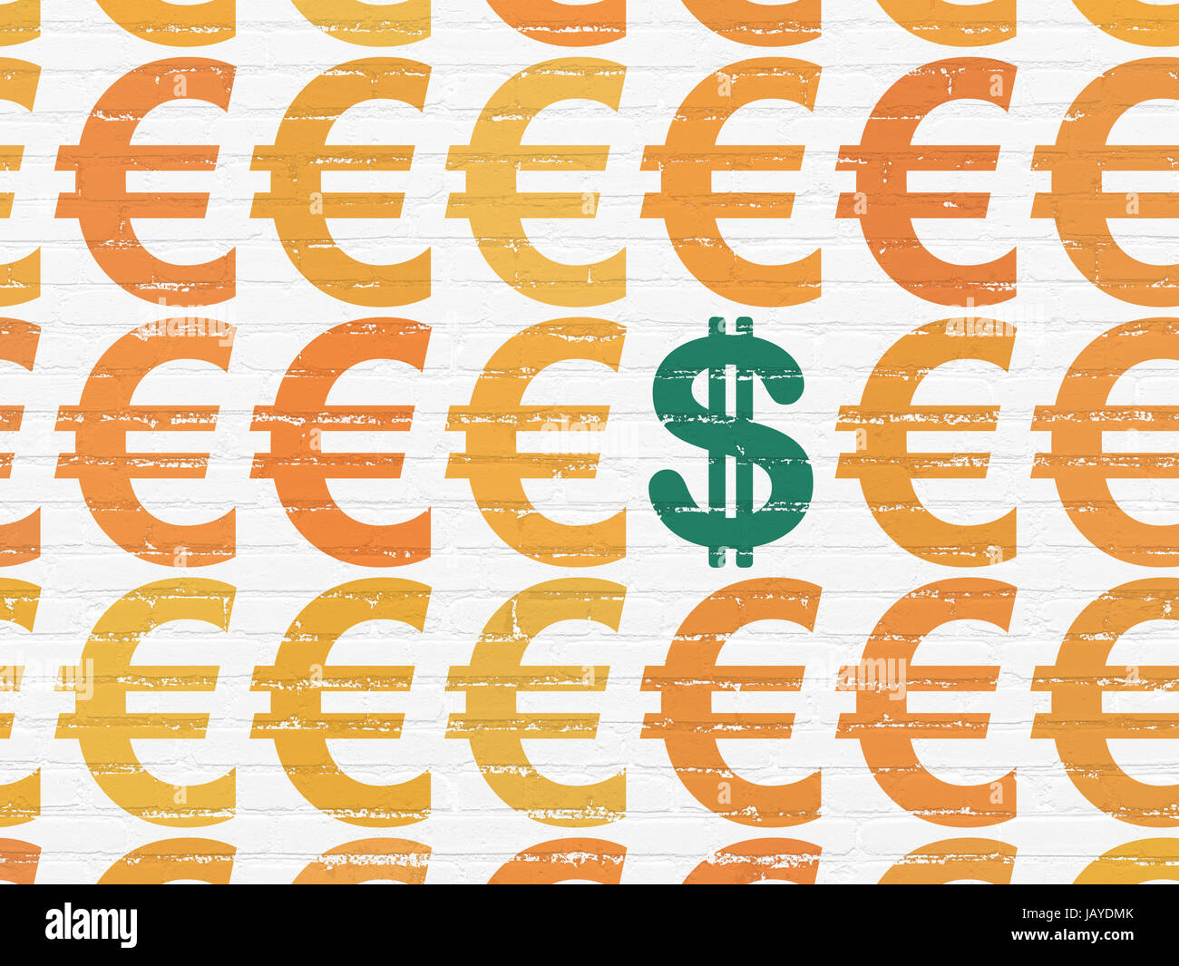 Currency concept: rows of Painted orange euro icons around green dollar ...