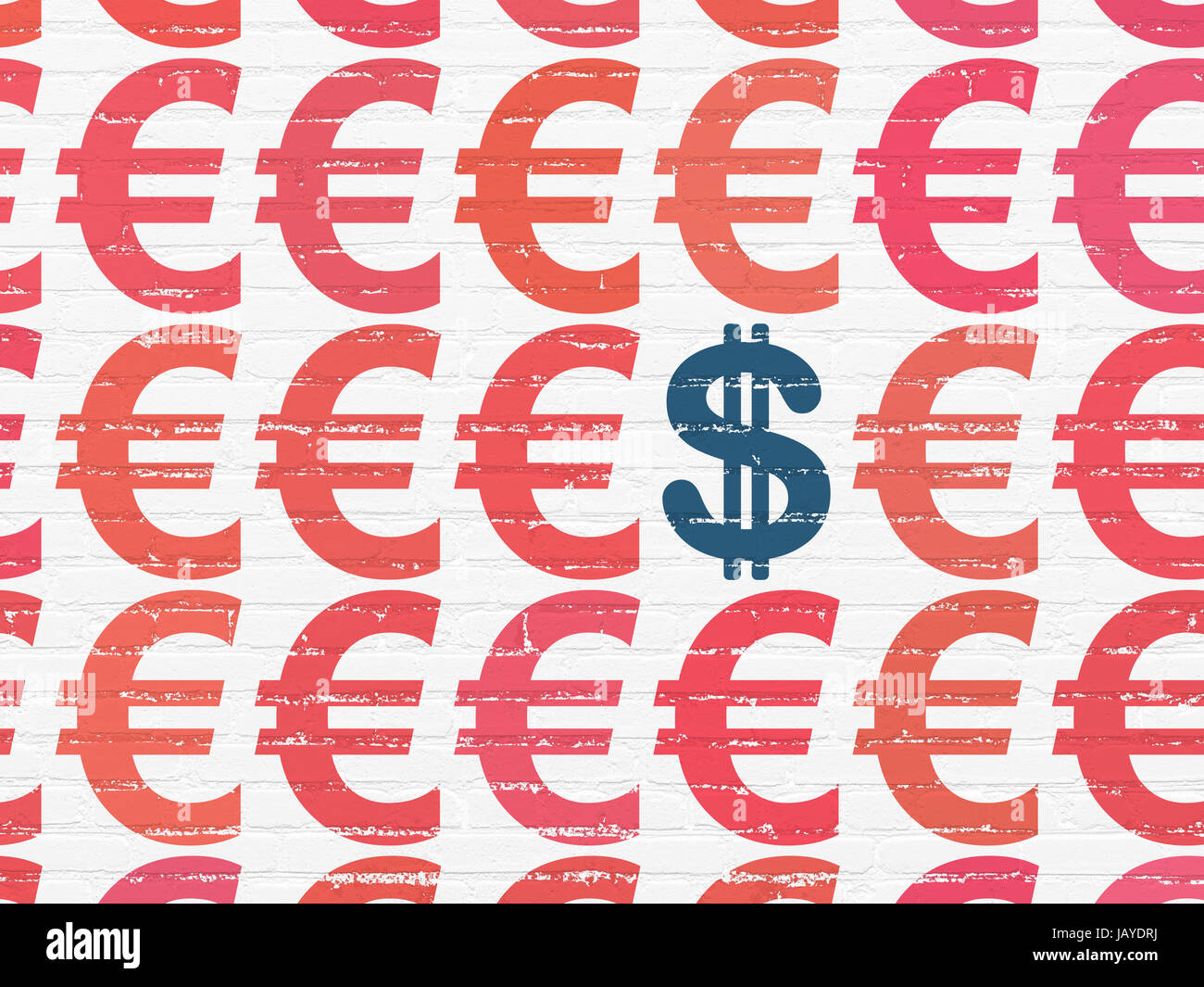 Banking concept: rows of Painted red euro icons around blue dollar icon ...