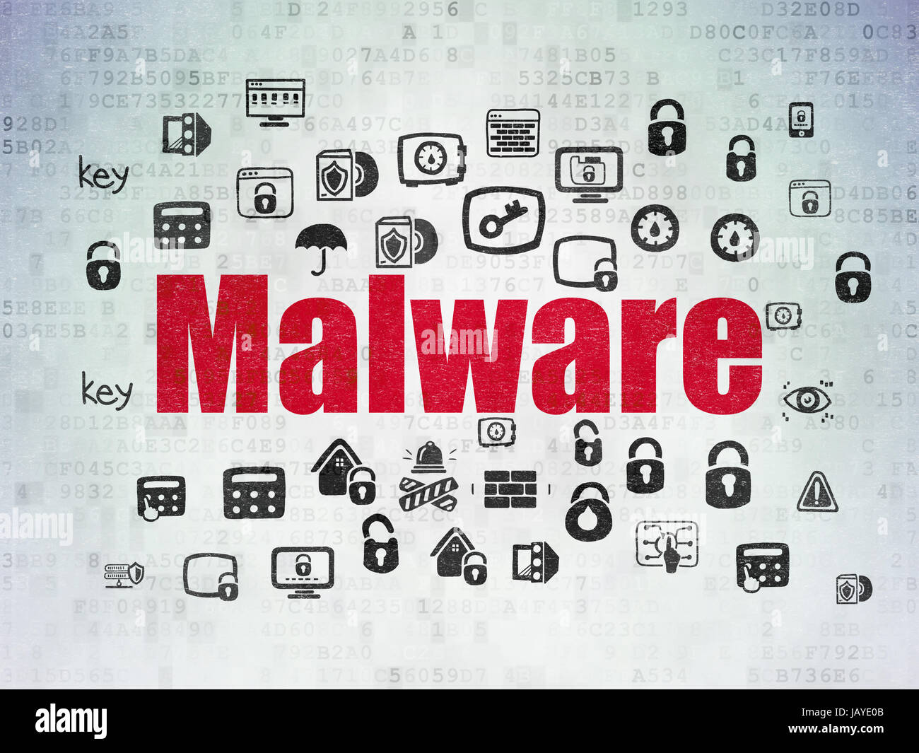 Protection concept: Painted red text Malware on Digital Data Paper background with Hand Drawn ...