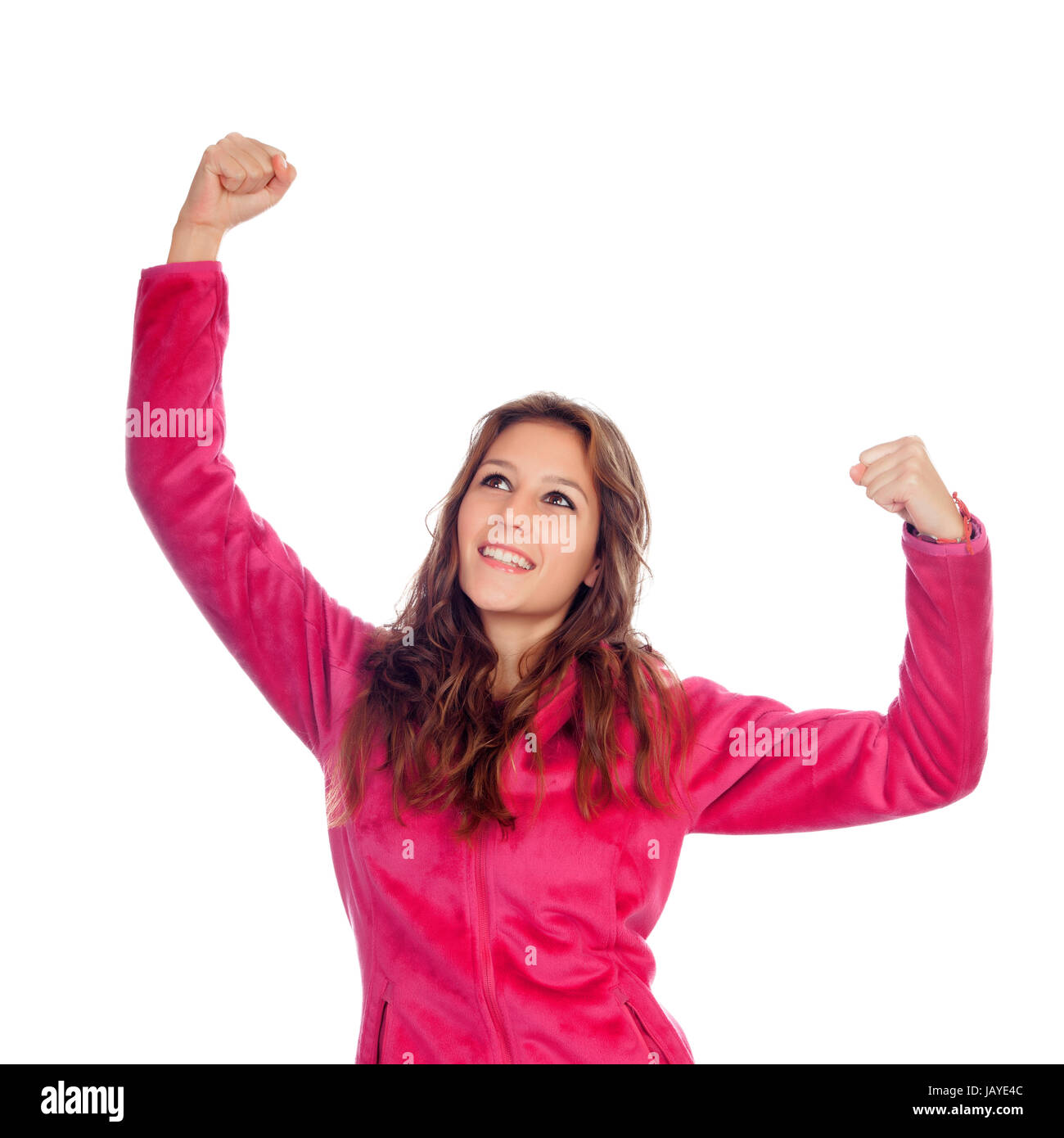 Winner girl isolated on a white background Stock Photo - Alamy