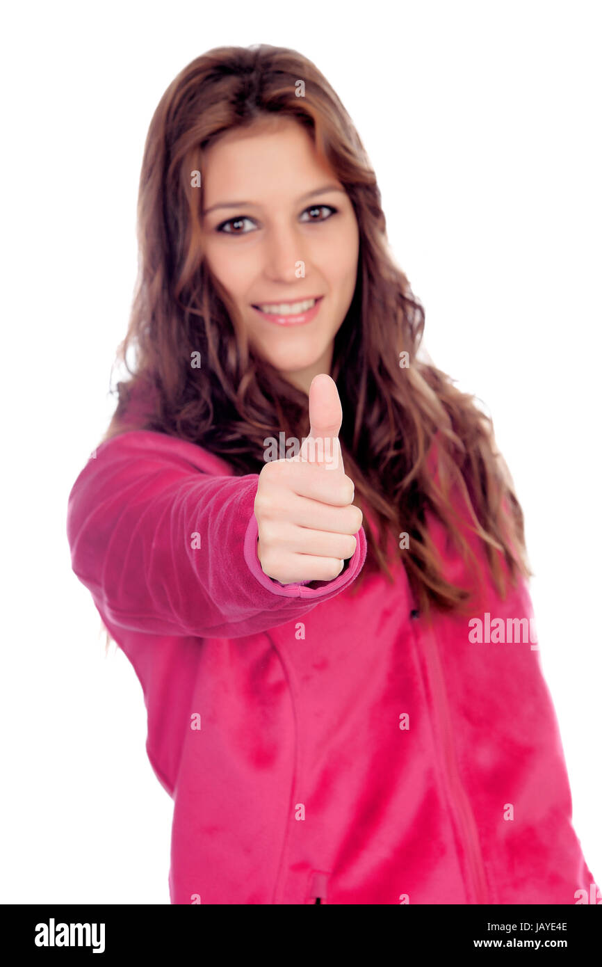 Casual girl saying Ok isolated on a white background with focus on the ...