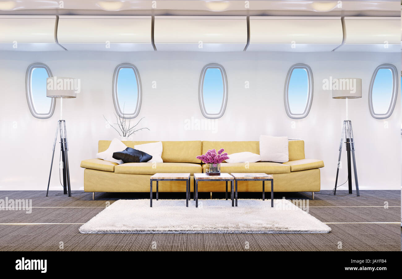 airplane cabin as a living room. Vip fly concept. 3d rendering Stock ...
