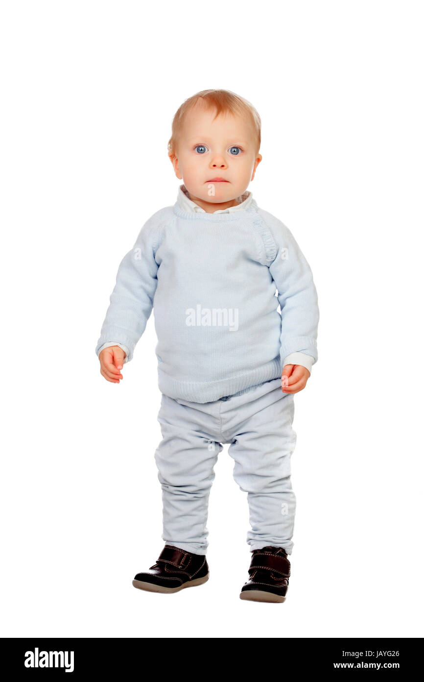 Adorable blonde baby standing isolated on white background Stock Photo ...