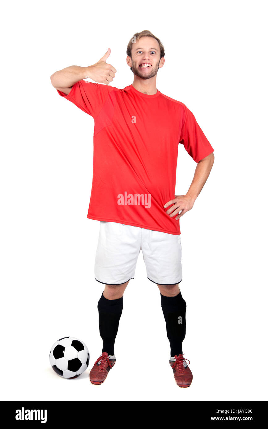 Happy football player isolated in white Stock Photo - Alamy