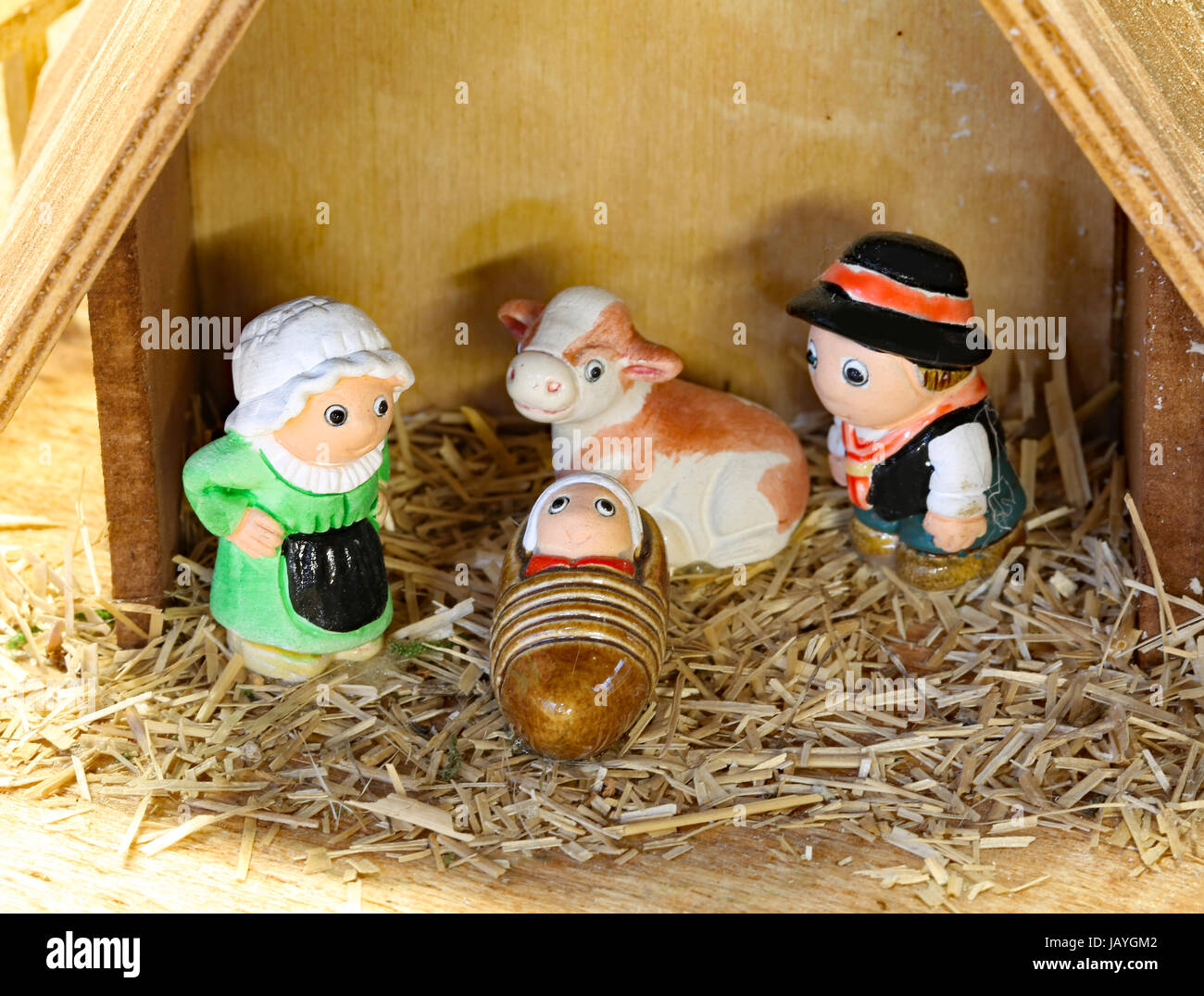 French Brittany crib with statues of the Holy Family and Baby Jesus in ...