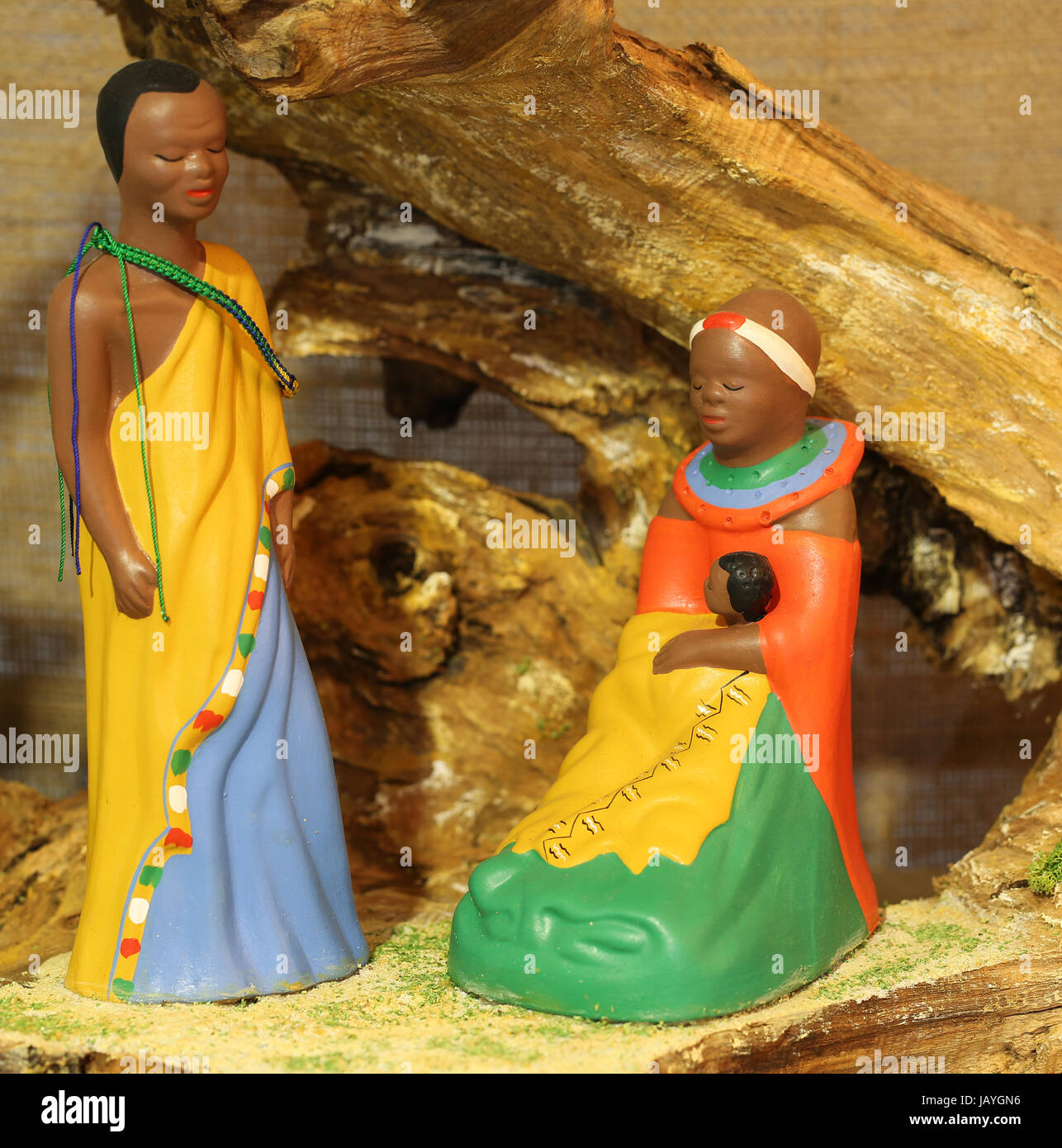 Kenya nativity scene with wooden statues with colored African clothes ...